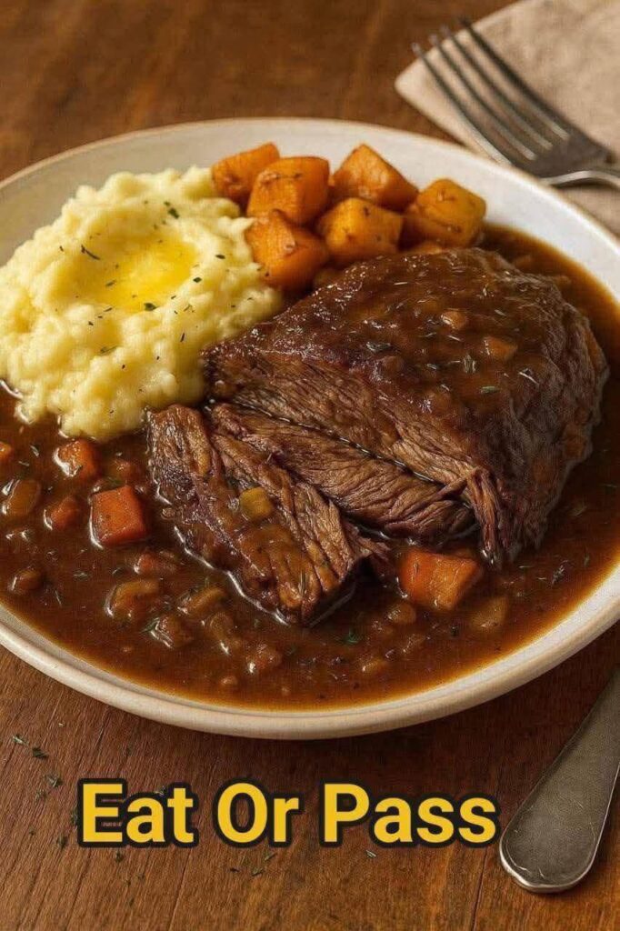 Slow-Cooked Pot Roast with Gravy Over Creamy Mashed potatoes - glassika